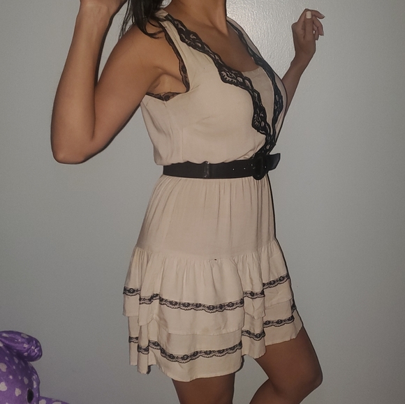 Atmosphere | Dresses | Tan Colored Ruffled Dress With Black Lace Trim ...